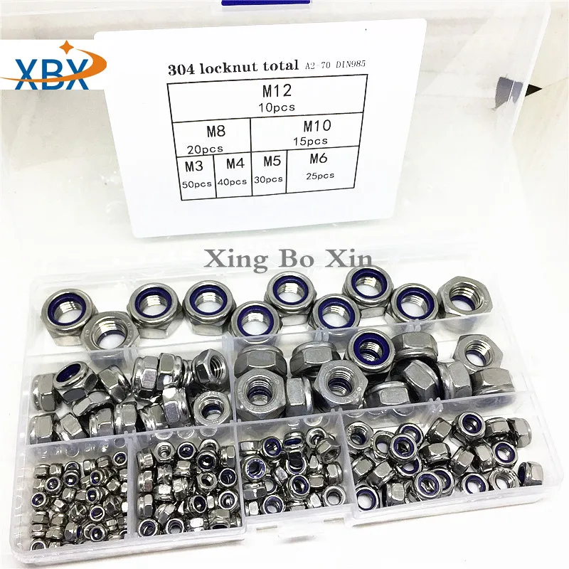 190pcs/set Din985 M3 M4 M5 M6 M8 M10 M12 304 Stainless Steel Hexagon ...