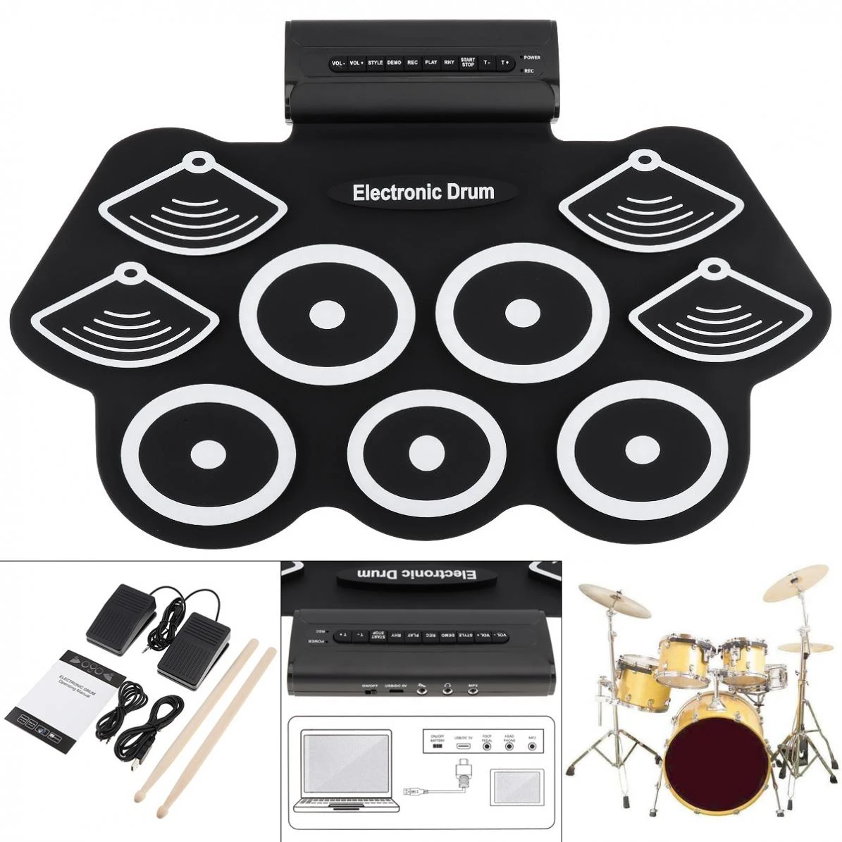 ください Electronic Drum Set， Roll Up Drum Practice Pad with Headphone Jack ...