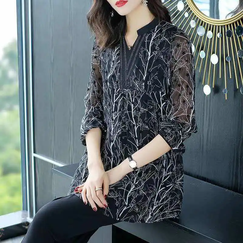 Spring Summer Women Print Long Sleeves Casual Chiffon Blouses Shirts V ...