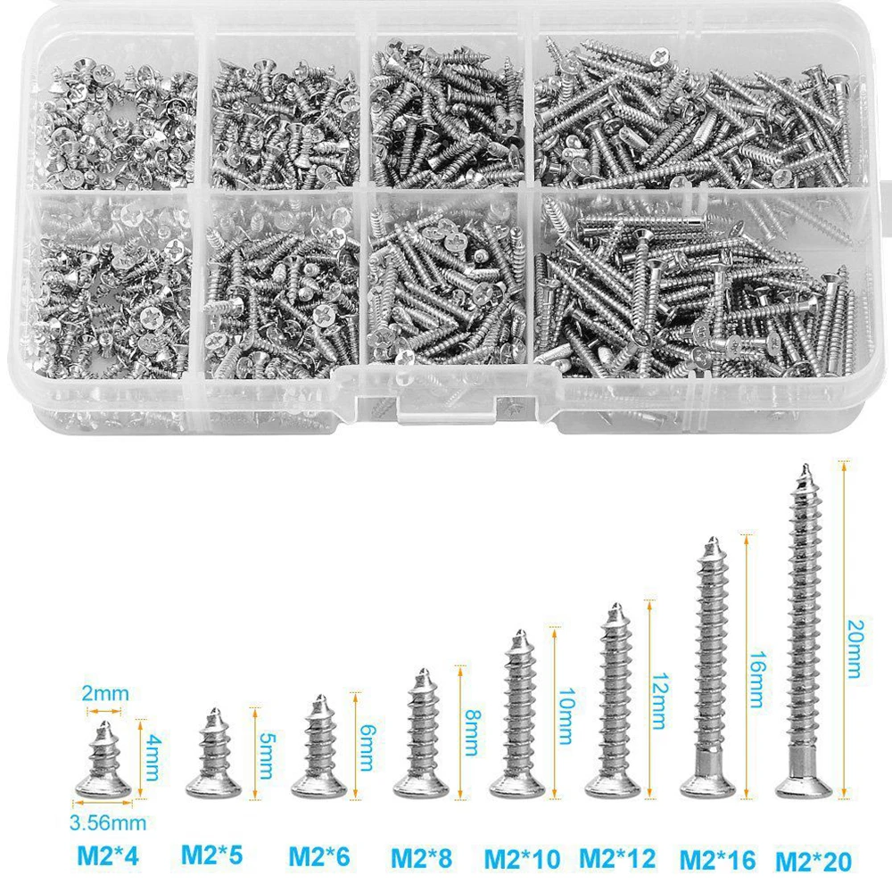 800pcs/box Stainless Steel Self Tapping Screw M2x4 M2x5 M2x6 M2x8 M2x10 ...