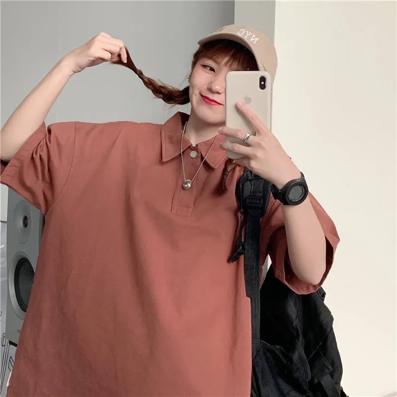 Retro Polo Shirt Cotton Short Sleeve T shirt Women Loose Korean Version Ins Harajuku Style ...