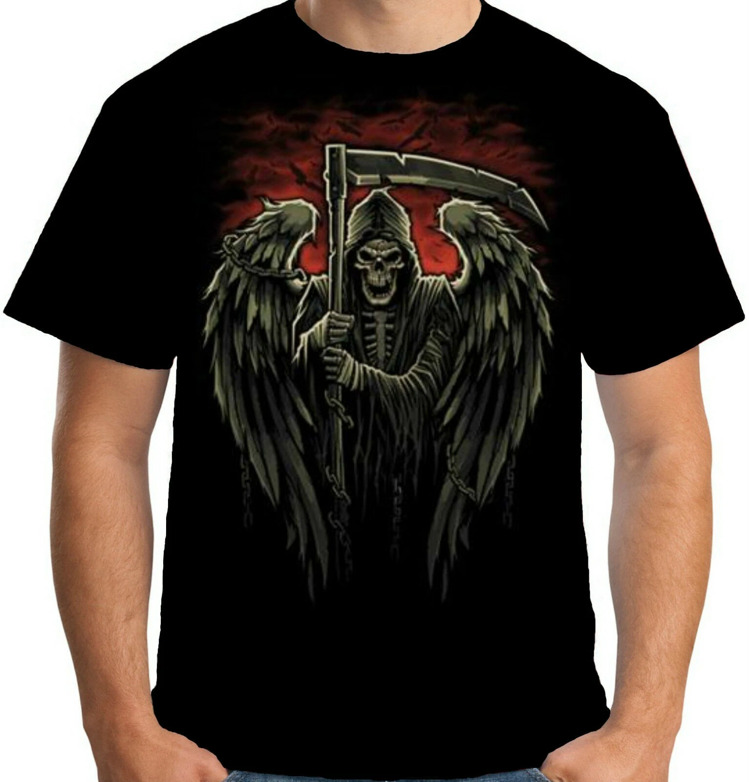 Velocitee Mens T 셔츠 Black Grim Reaper 천사 Evil Spirit Skeleton Goth ...