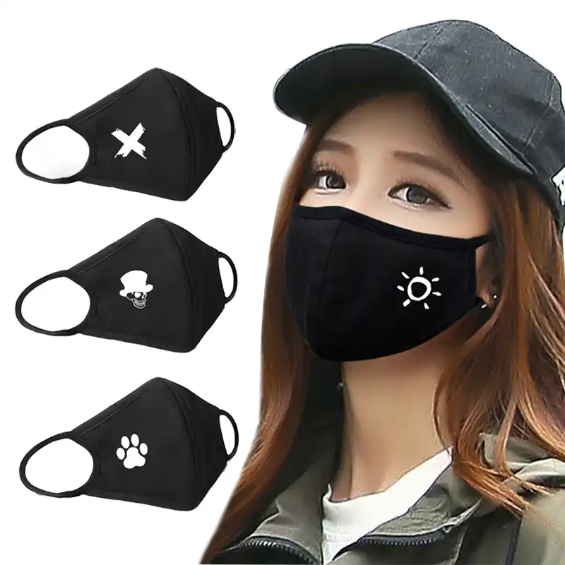 Black Kpop Mouth Mask Anime Cartoon Pattern Face Masks Cotton Fabric ...