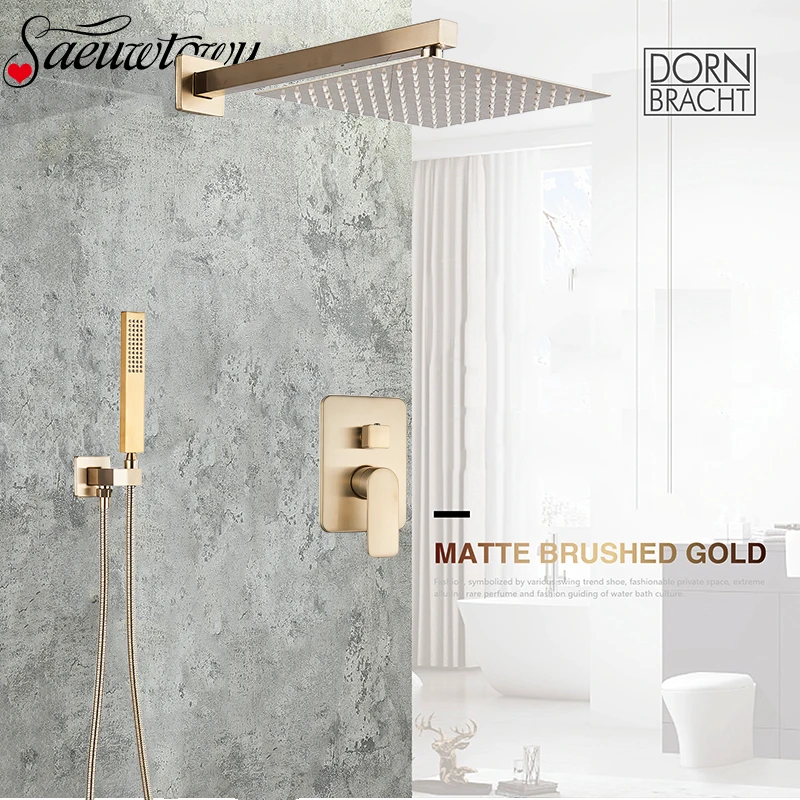 Wall Mounted Concealed Install Brushed Gold Shower Faucets Set Bathroom Shower System Shower ...