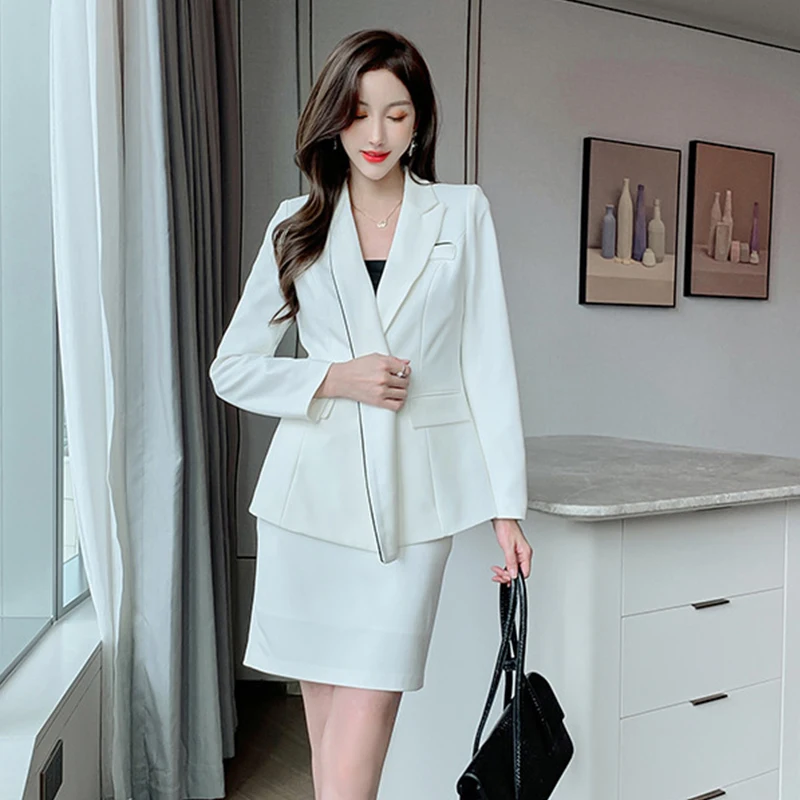 패션 한국어 스타일 빈티지 여성 화이트 기질 노치 넥 코트 자켓 정장 블레이저 하이 웨스트 스커트 여성 2 개 세트정장 치마