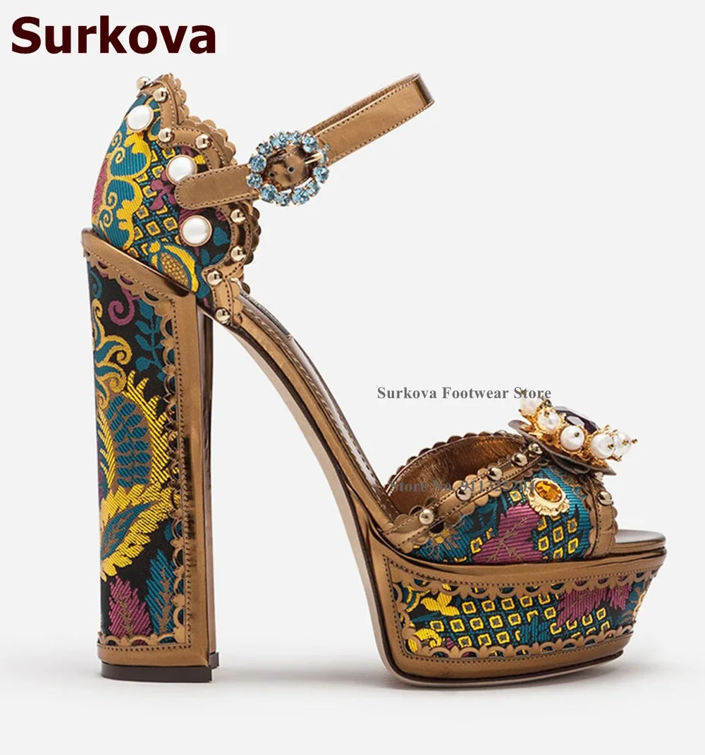 Surkova-Coffee-Vintage-Baroque-Chunky-High-Heels-Sandals-Bling-Bling ...