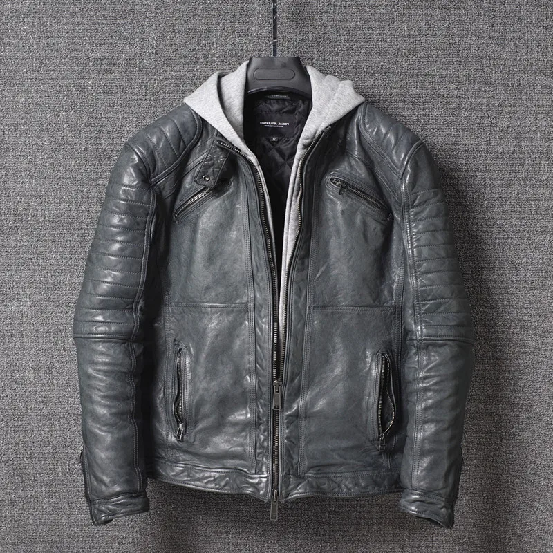 2020 men's hooded motorcycle jacket hat removable fashion gray winter ...