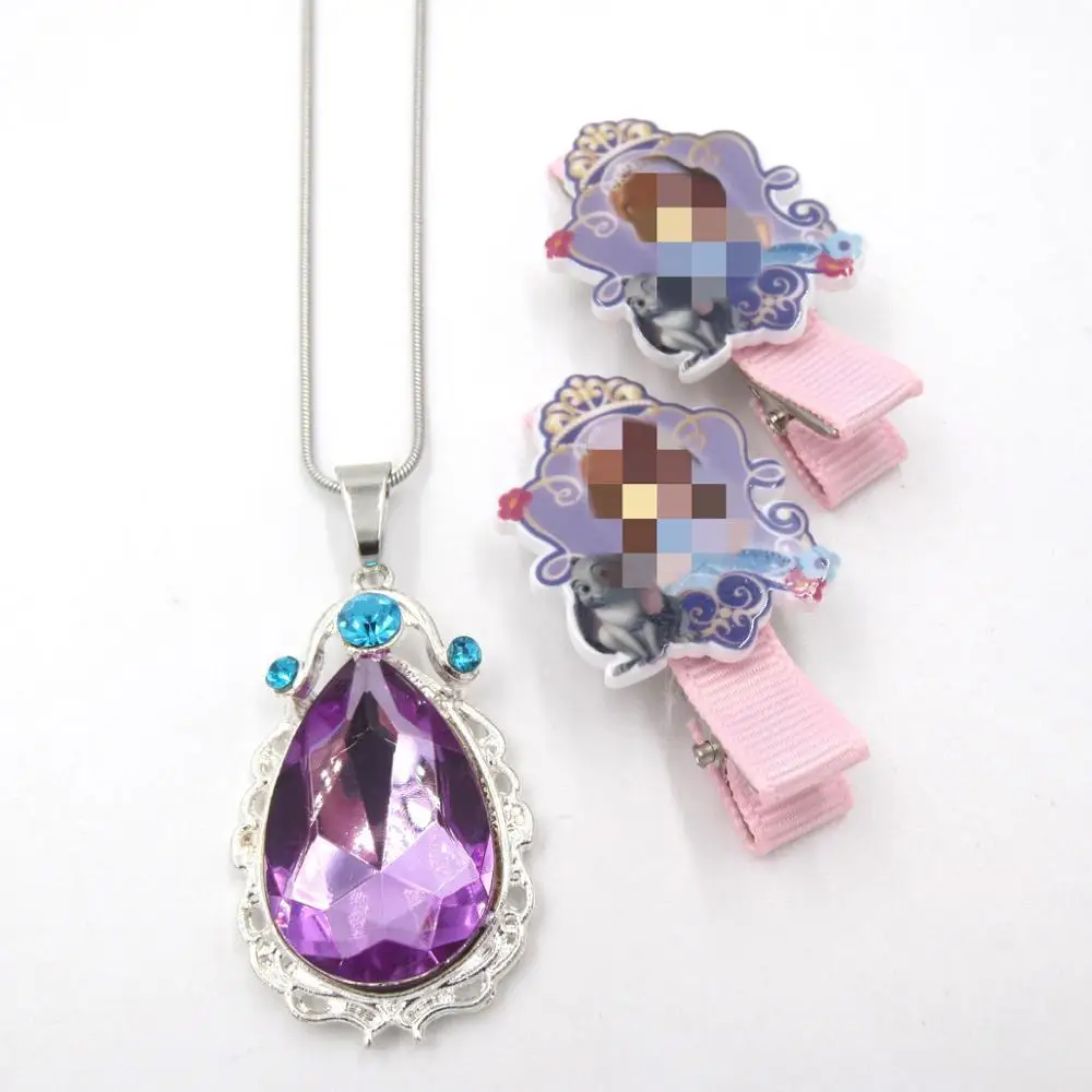 NEW 1set/lot SoFia The First Necklace Gift For Kids Girl Hairpin Purple Amulet Pendant Necklaces ...