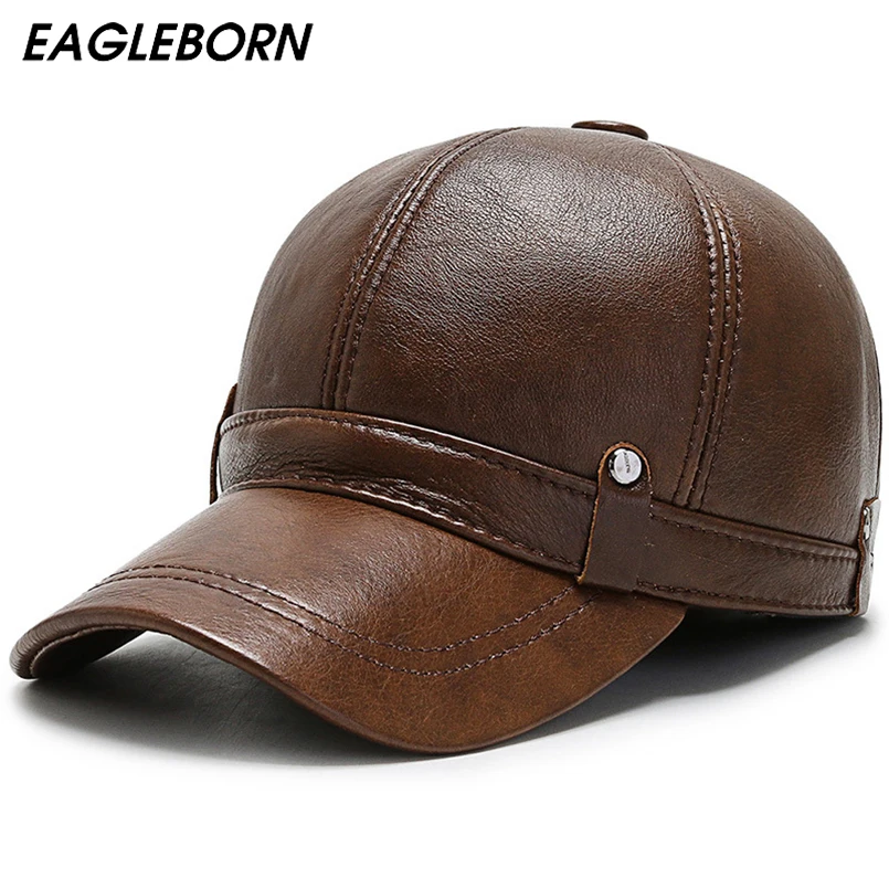 Winter Baseball Cap Genuine Leather Cowhide Hat Men Winter Leather Hat ...