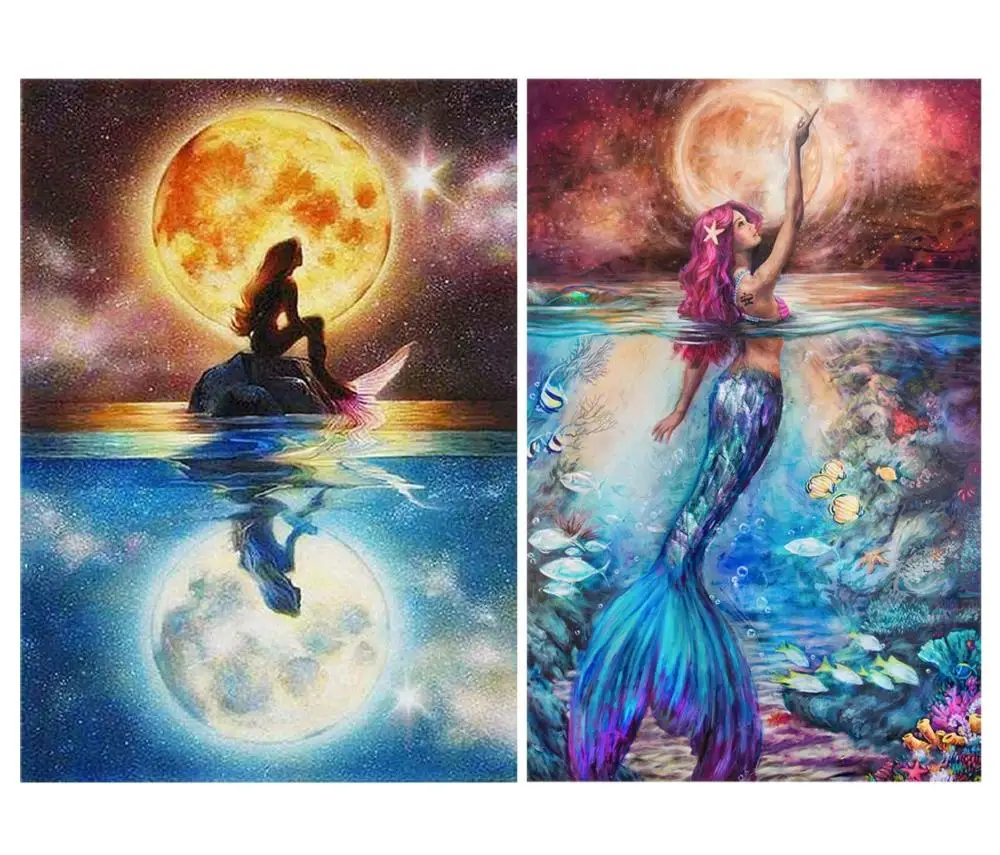 Diamond embroidered mermaid 5D DIY diamond painting round diamond cross ...
