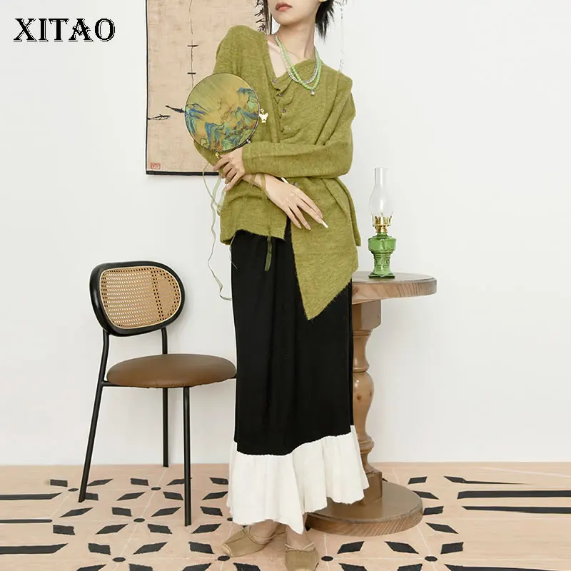 Xitao Knitted Sweater Single Breast Full Sleeve Pleated Irregular 2022