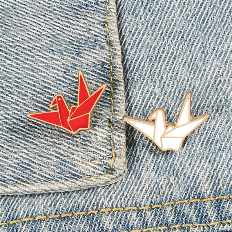 Paper Cranes Brooch Red White Origami Bird Enamel Pins Denim Jackets ...