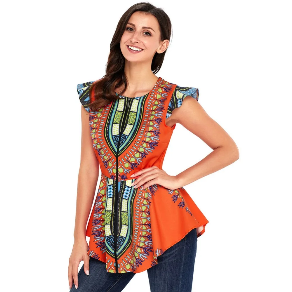 High Low Shirt African Dashiki Print Top Full Zip Up Blouse Slope