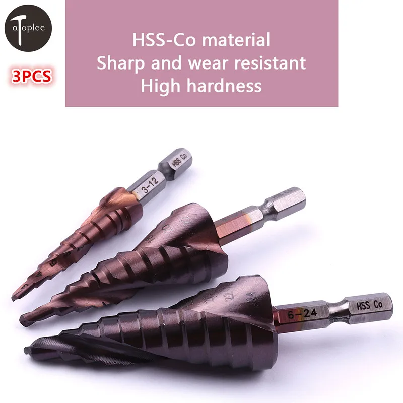 3Pcs 3-12 4-22 6-24mm HSS Co Spiral Groove Stepped Drill Bits Set 1/4 ...