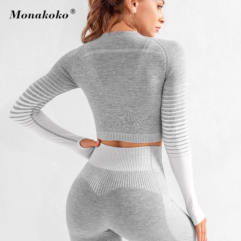 Seamless Rib Yoga Set Sport Outfits Women Two 2 Piece Dry Fit Tight Long Sleeve Crop top ...