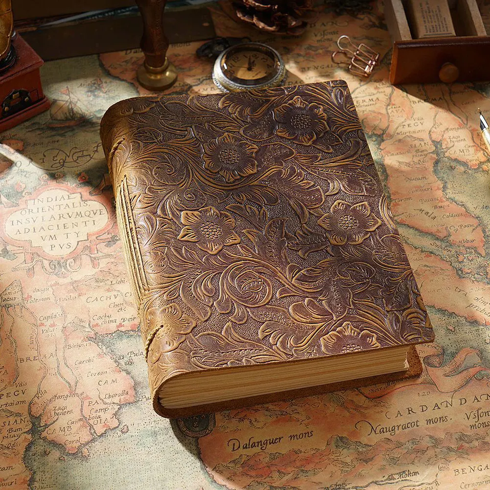 Floral Carved Leather Notebook Handmade Diary Blank Kraft Journal Back ...