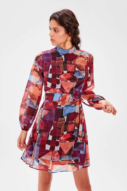 Women Multicolour Pattern Sheer Neckline Dress