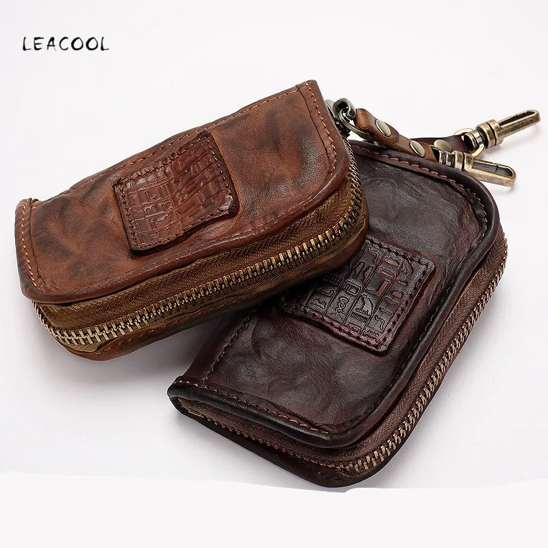 Vintage Handmade Genuine Leather Key Wallet Men Short Zipper Car Key ...