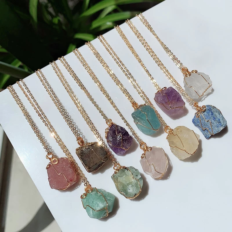 Natural Stone Pendant Necklace Small Rock Quartz Pendulum Amethysts ...