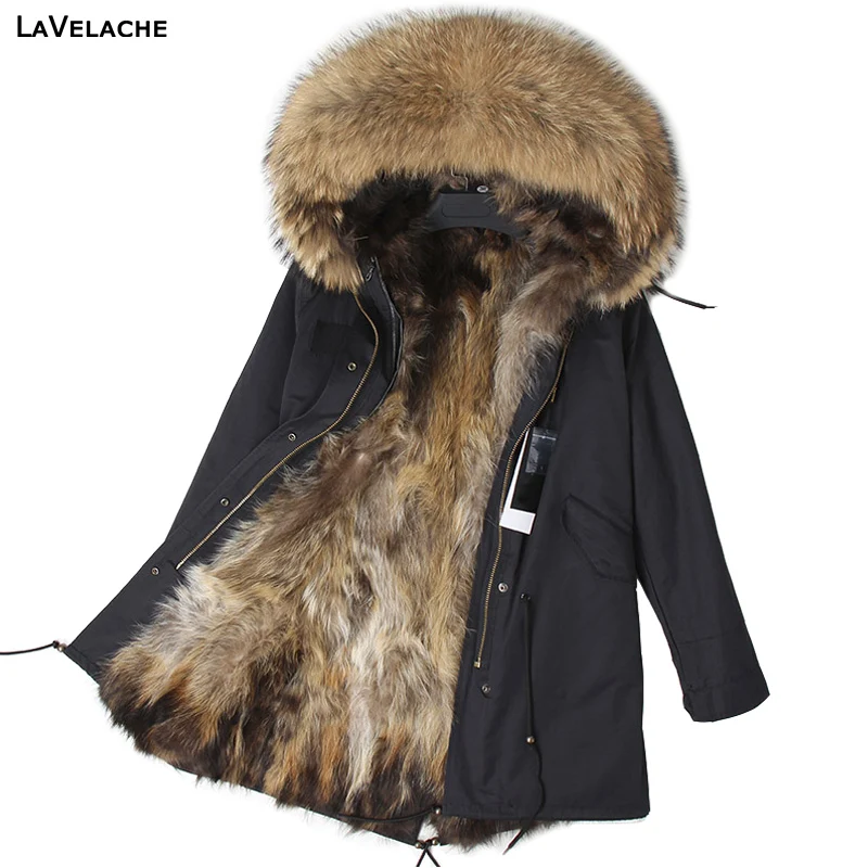 Waterproof Winter Jacket Long Women Real Fur Coat Female Thick Warm Fur Outerwear Natural ...