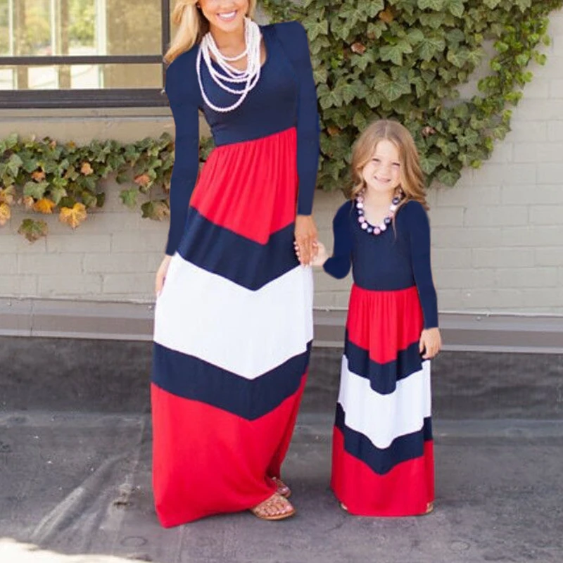 Autumn-Mom-and-Daughter-Dress-Long-Sleeve-Color-Patchwork-Mother ...