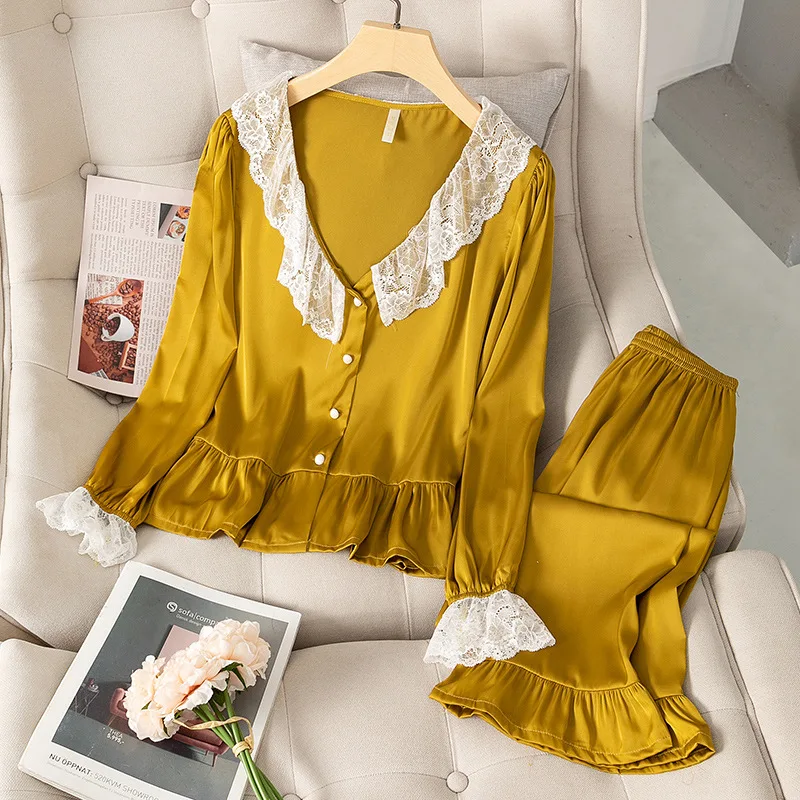 V-neck Sleepwear Women 2PCS Pajamas Set Faux Silk Nightwear Casual ...