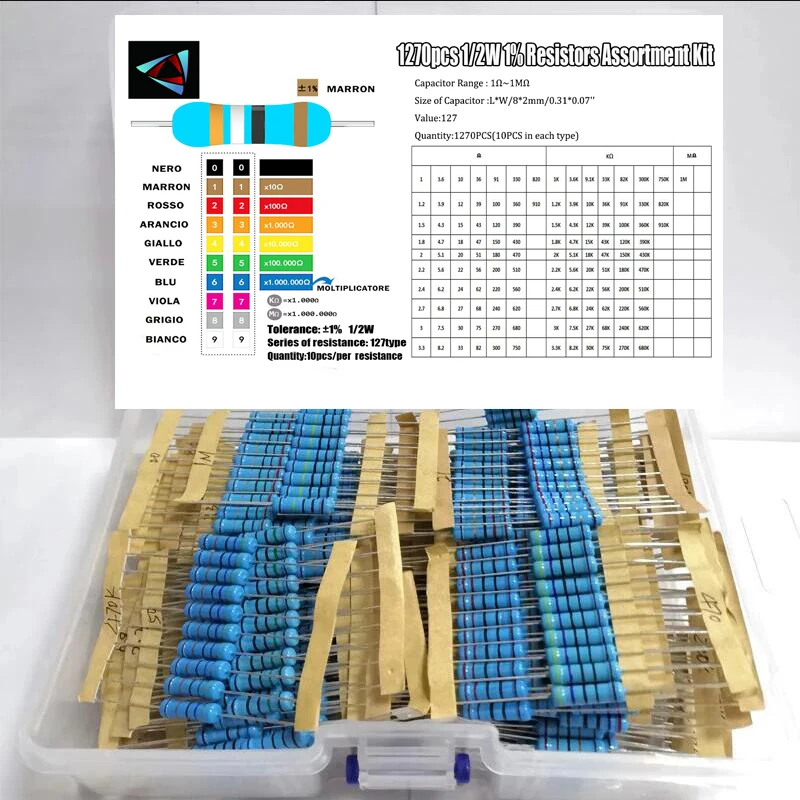 1270PCS-1-2W-0-5W-1-1R-1M-Ohm-127Values-Metal-Film-Resistor-Assortment ...