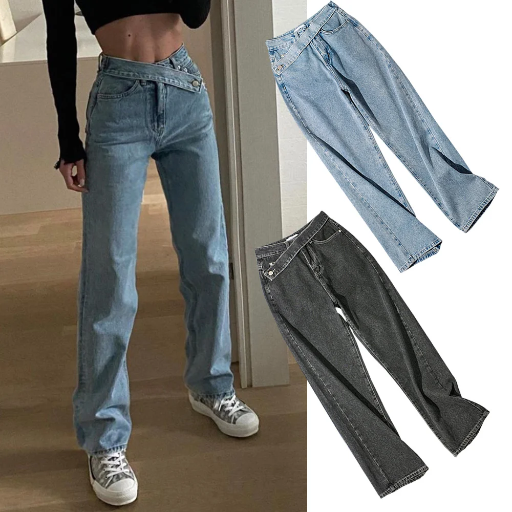 Woman-Oblique-Belt-Jeans-High-Waist-Clothes-Wide-Leg-Denim-Clothing ...