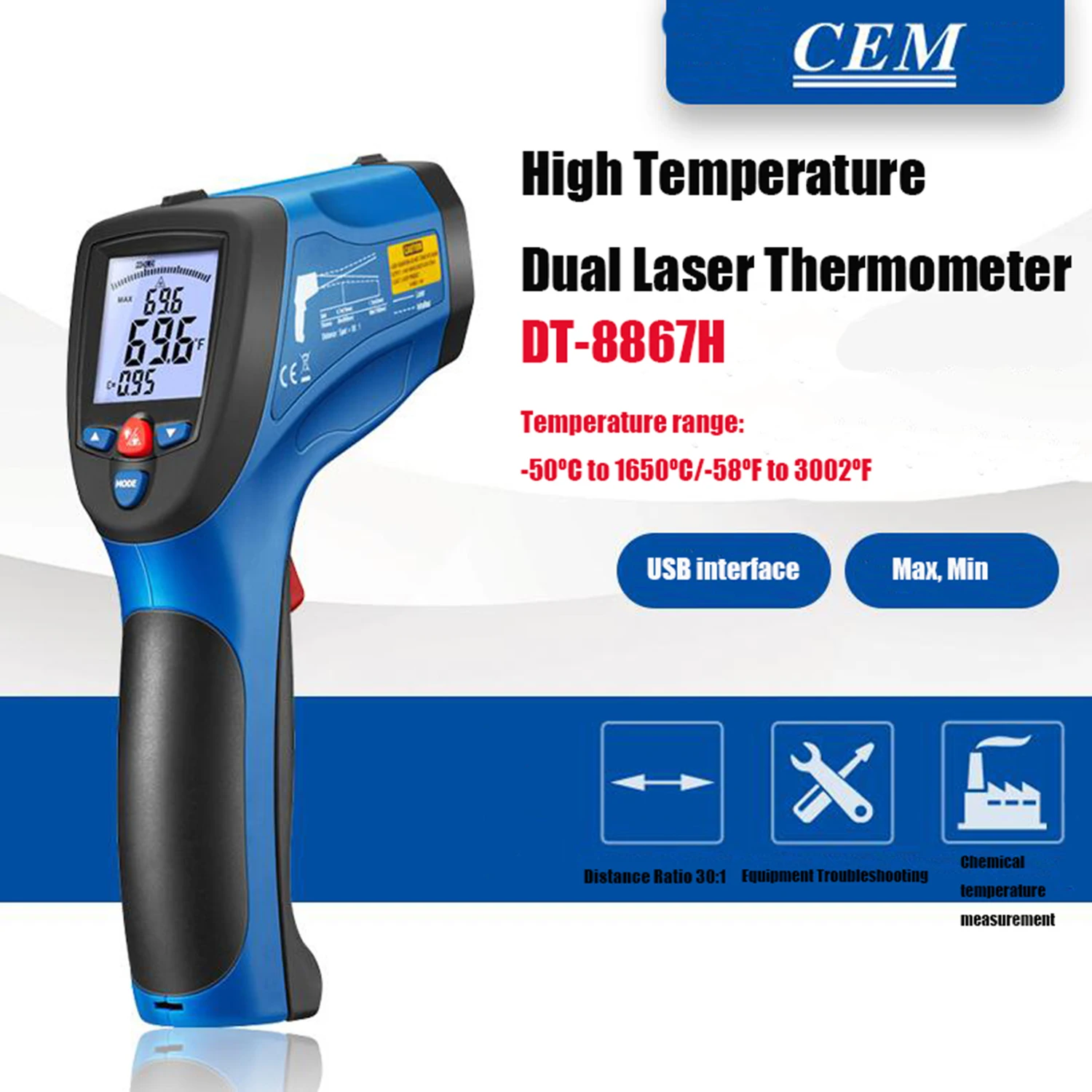 CEM termómetro infrarrojo láser doble, pistola Industrial de alta temperatura, DT 8867H, DT ...