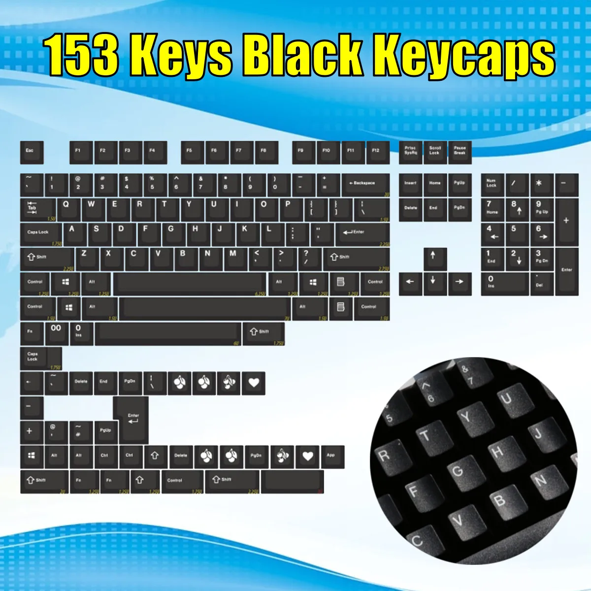153 Key Black Keycaps Cherry Profile Sublimation ABS 2 Color Mechanical ...