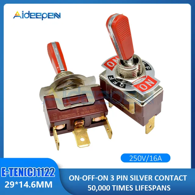 E-TEN(C)1122 Toggle Switch Red 3 Pin ON-OFF-ON Switch Silver Contactor ...