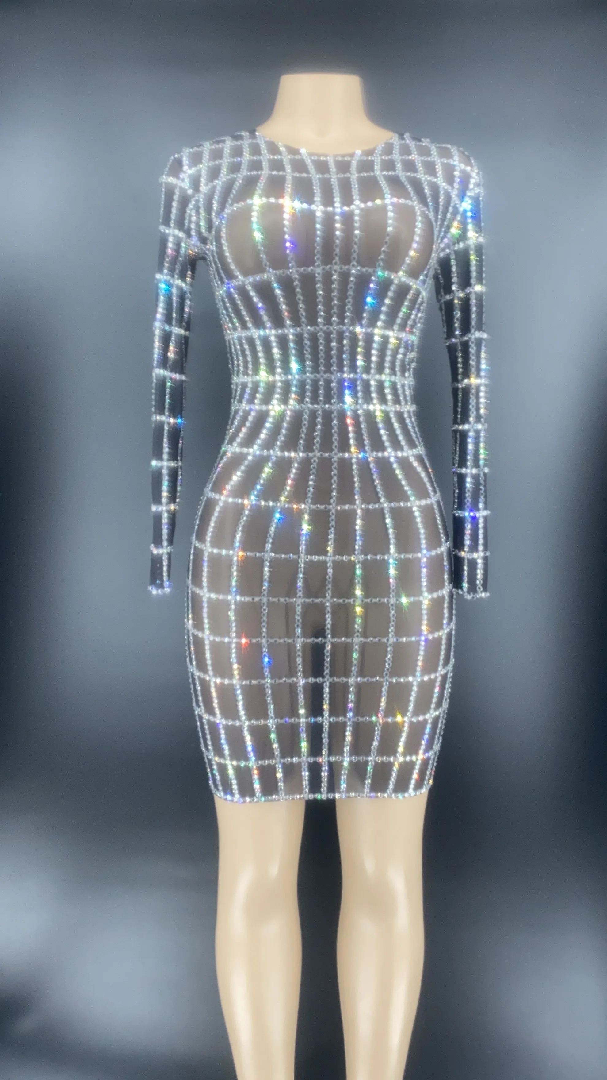 Silver-Rhinestones-Transparent-Mesh-Dress-Birthday-Celebrate-Outfit-Bar ...