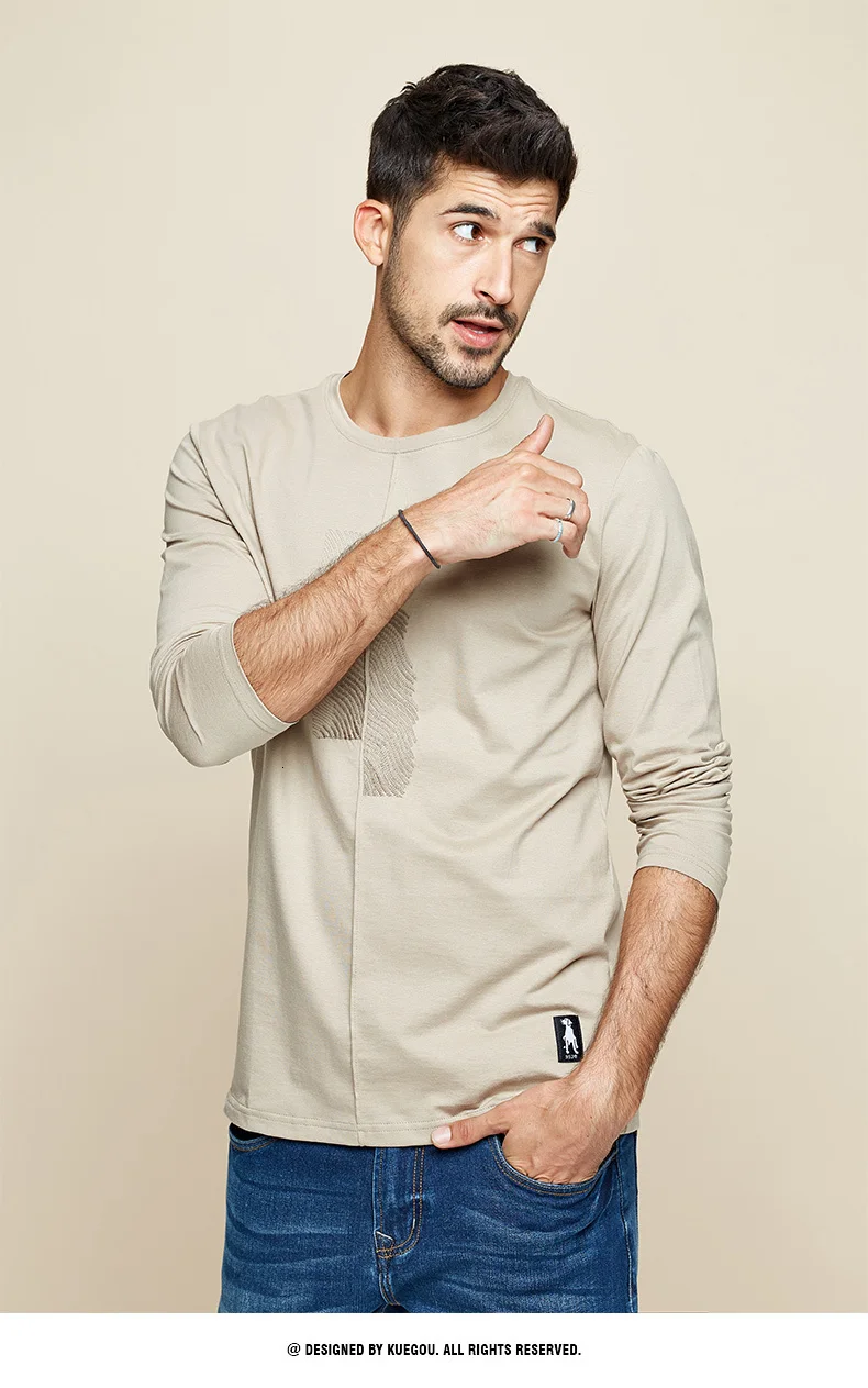 KUEGOU Осенняя хлопковая простая белая футболка с вышивкой Мужская ...