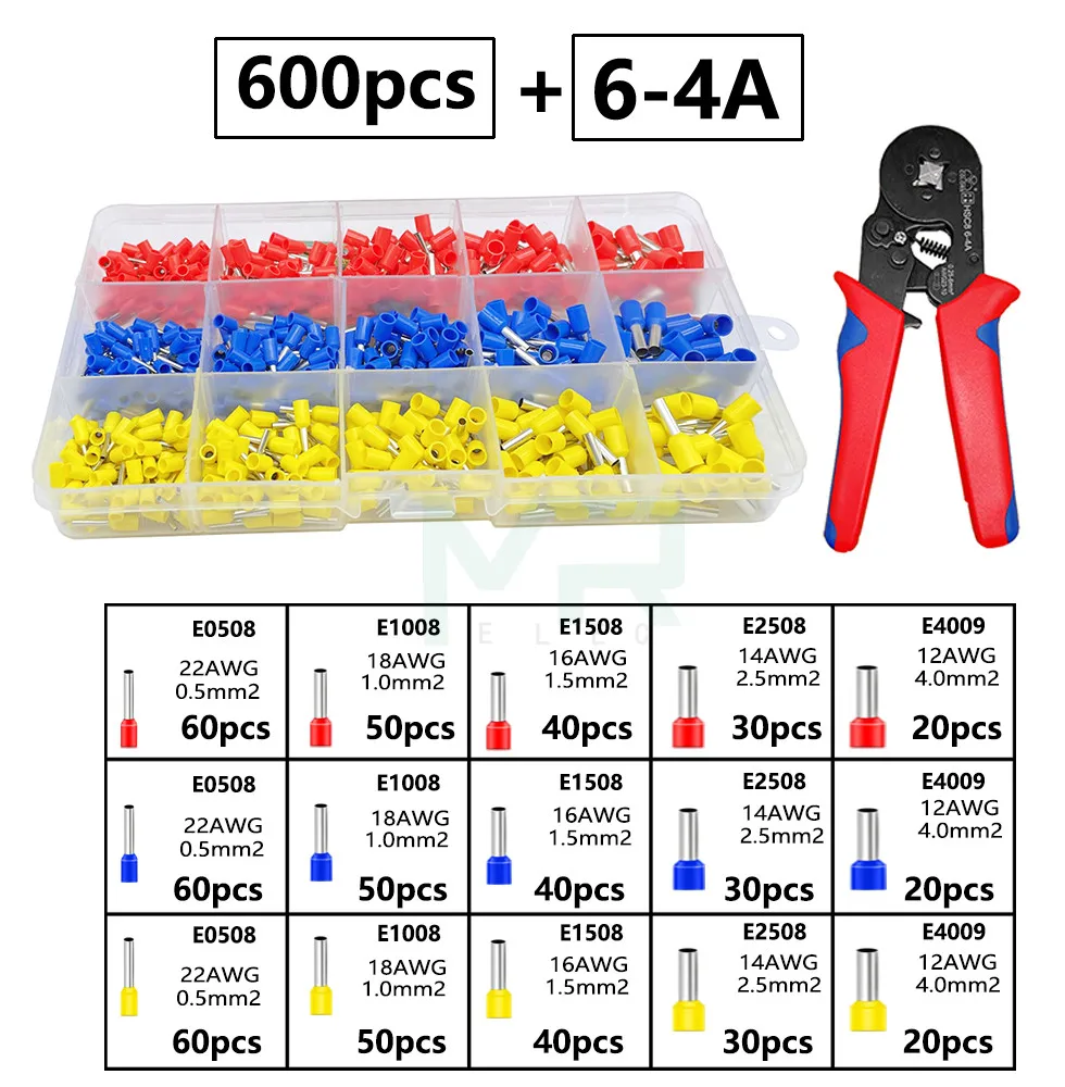 COSSE ELECTRIQUE,3 colors 600 6-4A--Kit de connecteurs à sertir tubulaires, 400-600-720 pièces ...