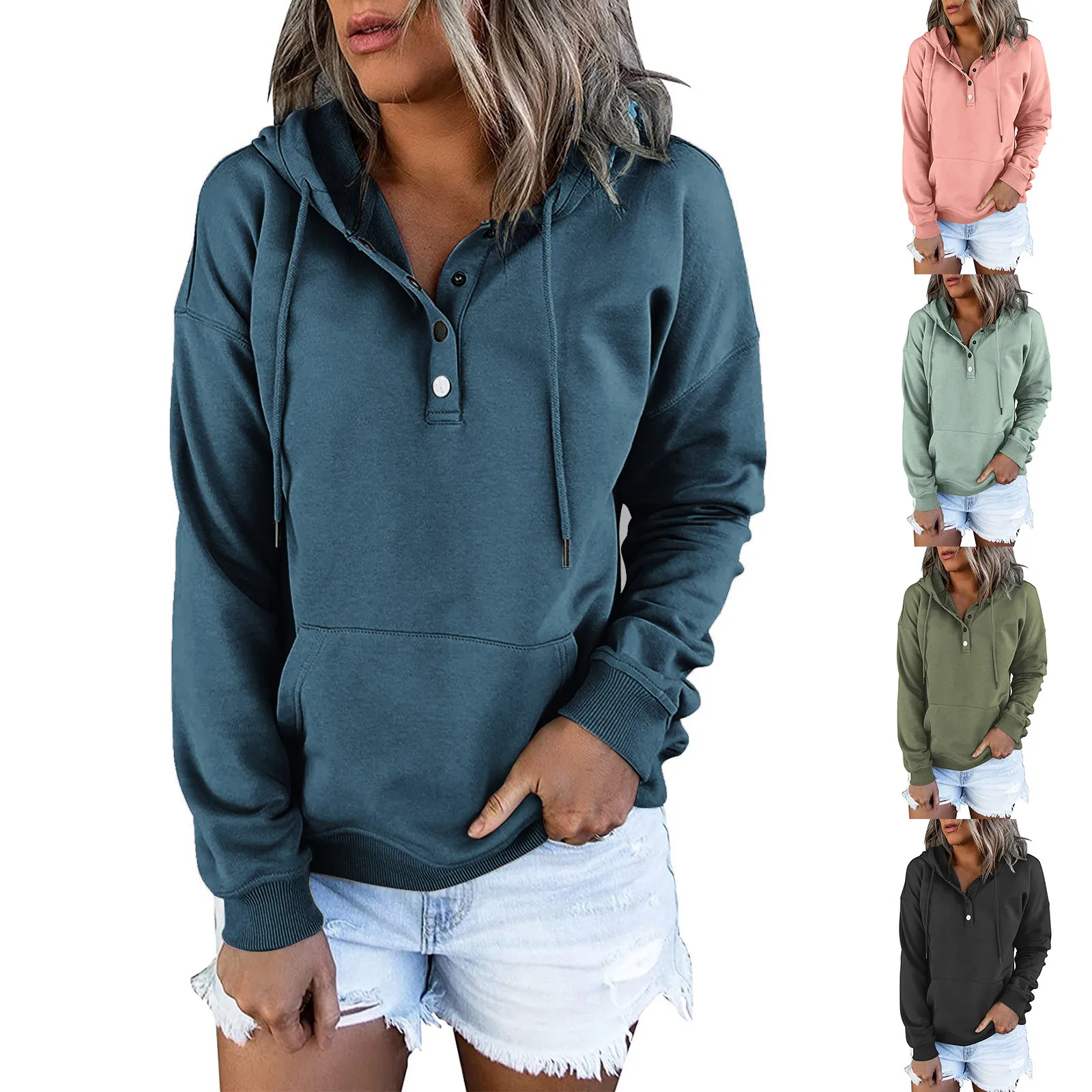 Pullover For Womens Button Down Hoodies Drawstring Hooded Pocket Casual ...