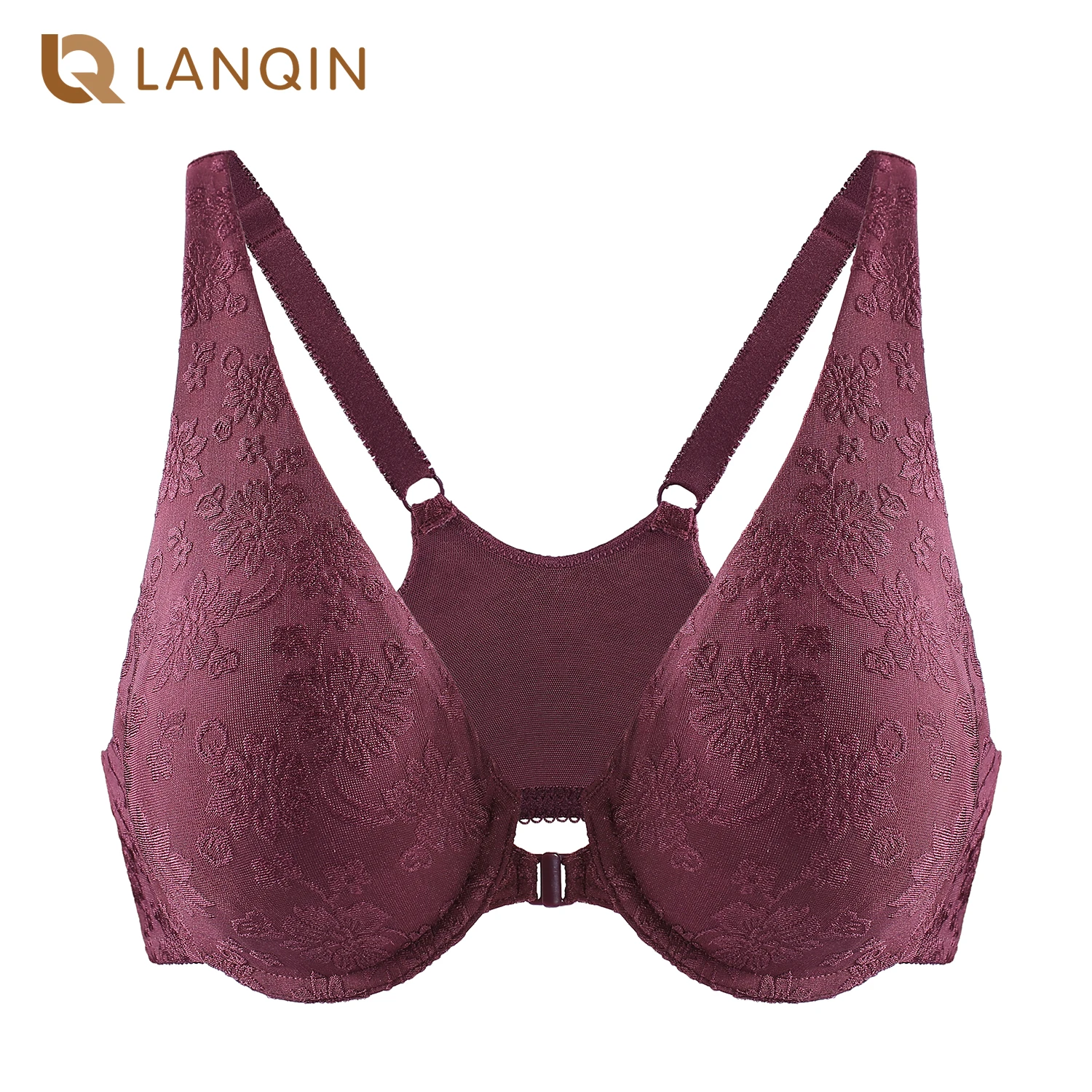 Women's Lace Floral Unlined Front Closure Bra Jacquard Underwire ...