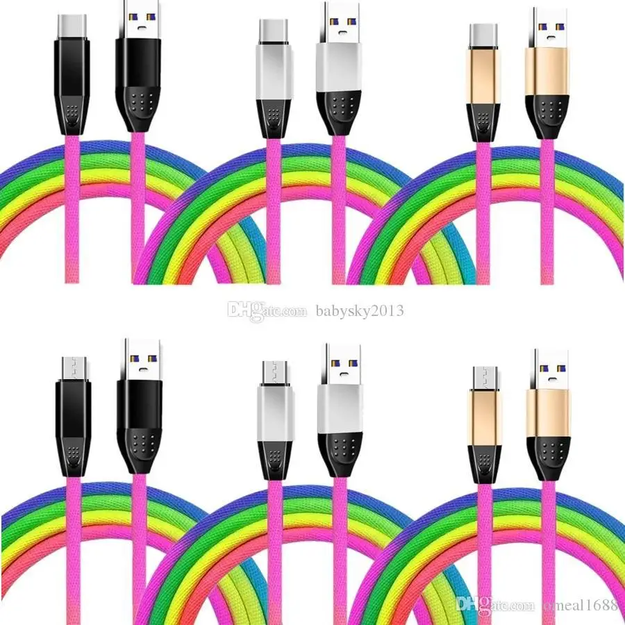 Colorful 1m/3ft USB cables Fast Charging 2A High Quality Rainbow Data ...