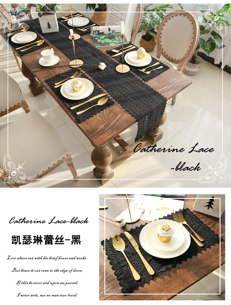 C-Tapis de Table rectangulaire, romantique, noir, blanc, dentelle ...