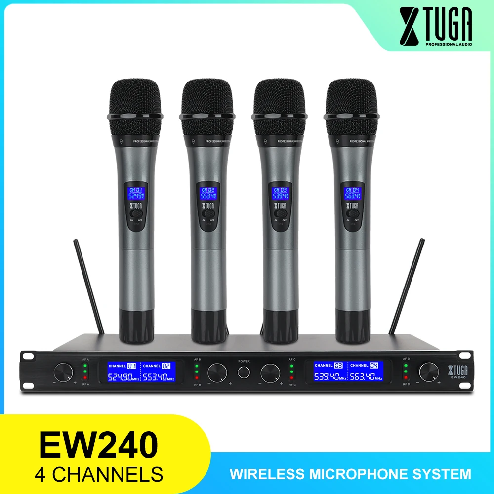 XTUGA Top Quality EW240 4 Channel Wireless Microphones System UHF Karaoke System Cordless Four ...