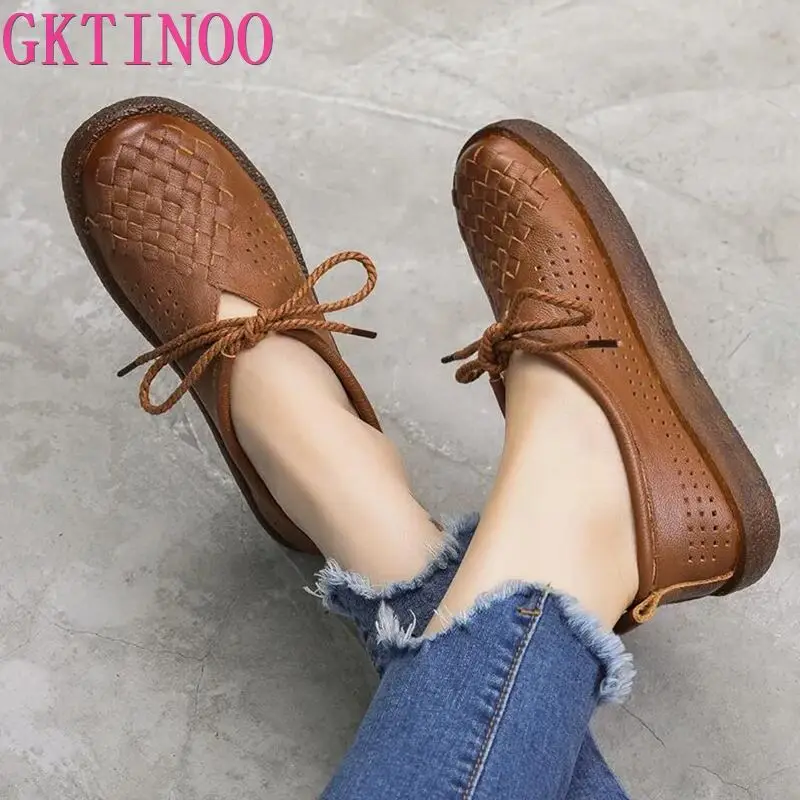 GKTINOO Spring Ladies Genuine Leather Handmade Shoes Women Lace Up Flat ...