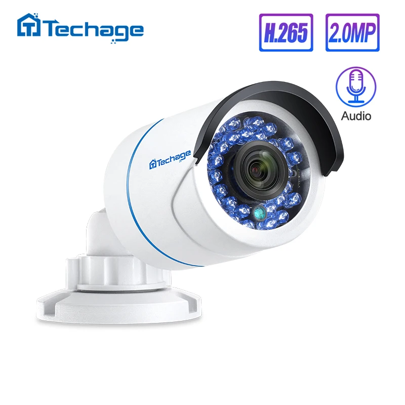 Techage H.265 1080P 48V POE IP Camera 2MP Audio Microphone IR Outdoor ...