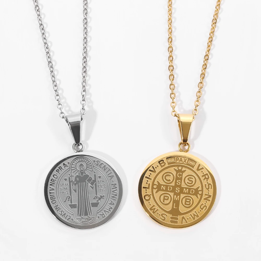 Catholic Saint Benedict Medallion Pendant Necklace Stainless Steel San ...