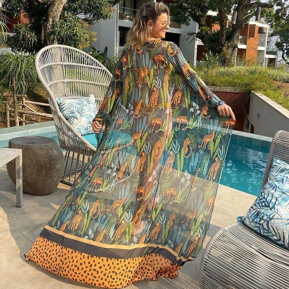 Leaves Print Bikini Beach Cover Up Tunics For Beach Long Kaftan Bikini ...