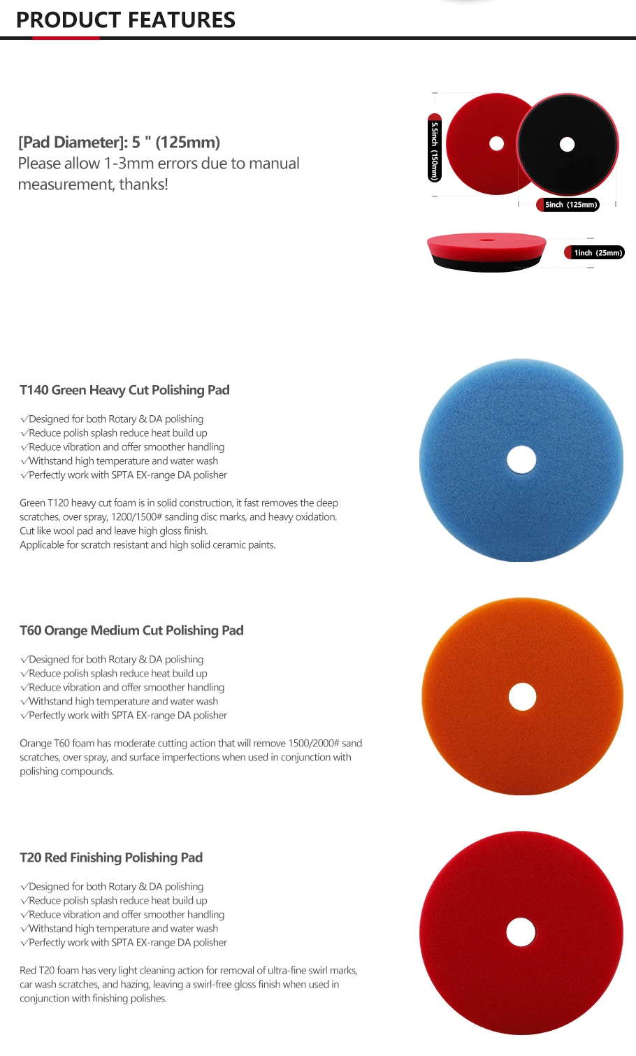 SPTA 6inch (150mm) Blue/Orange/Red HD DA Polishing Pad Buffing Pads For ...