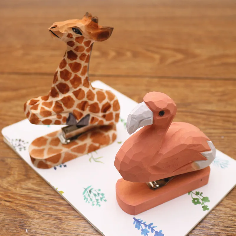 Cute-Creative-Handmade-Woodcarving-3D-Animal-Flamingo-Stapler-Mini-Wood ...