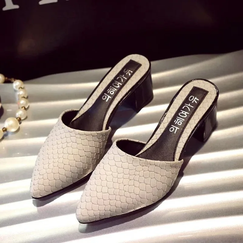 Women Chic Figure Fish Scale Platform Pointed Toed Med Chunky Heel Half ...