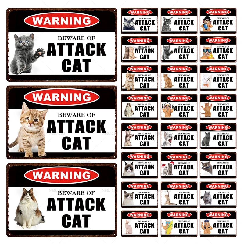 Vintage-Warning-Metal-Sign-Beware-of-Attack-Cat-Tin-Signs-Poster-Retro ...