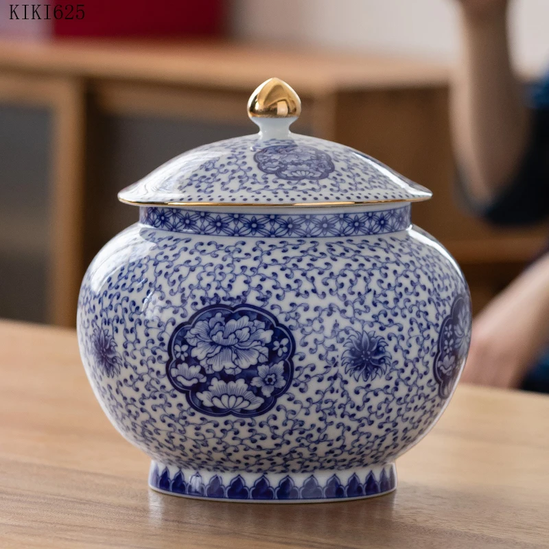 Antique-Blue-and-White-Porcelain-Storage-Jar-Lid-Gold-plated-Storage ...
