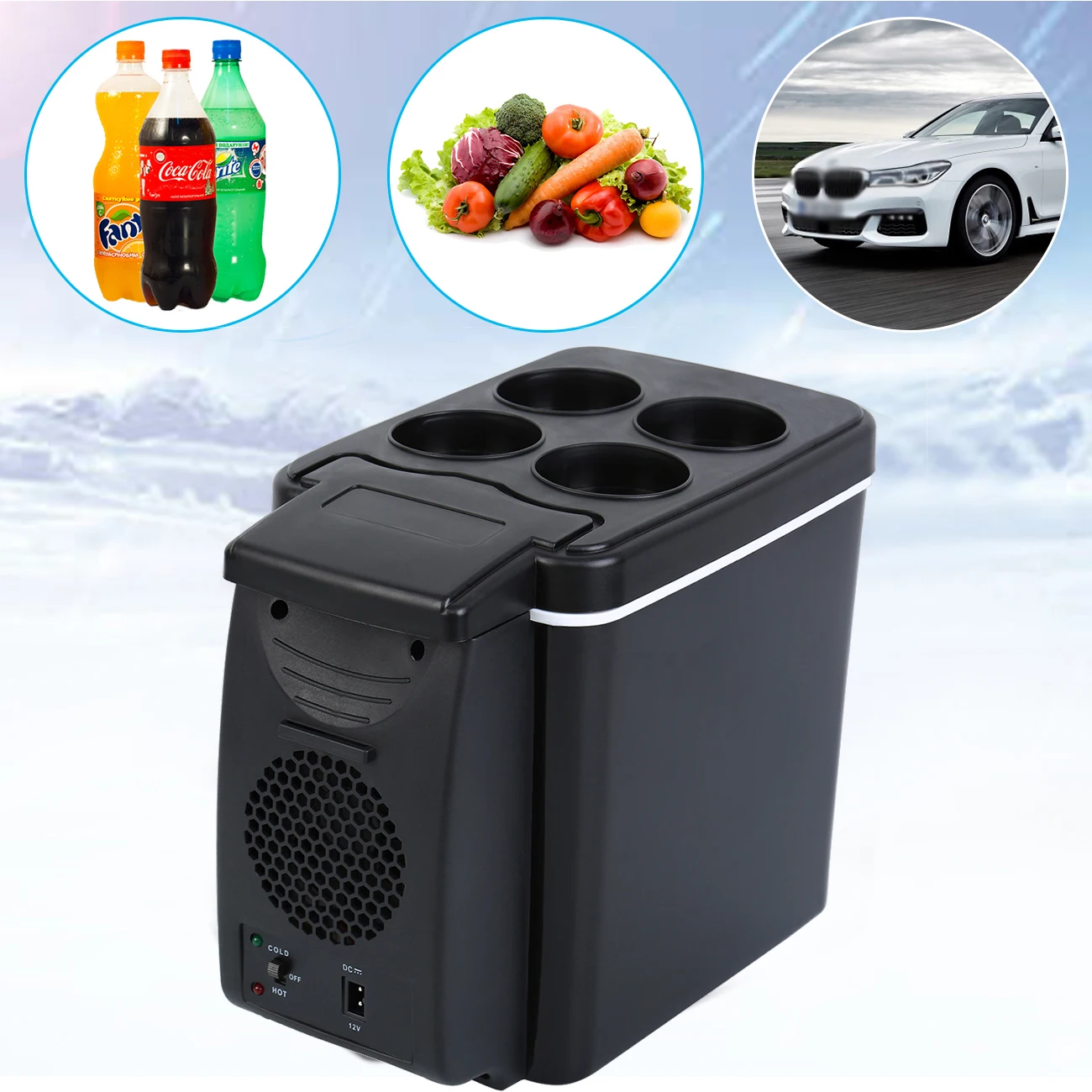Mini frigider portabil cu suport de pahare, 6L, 12V, negru - eMAG.ro