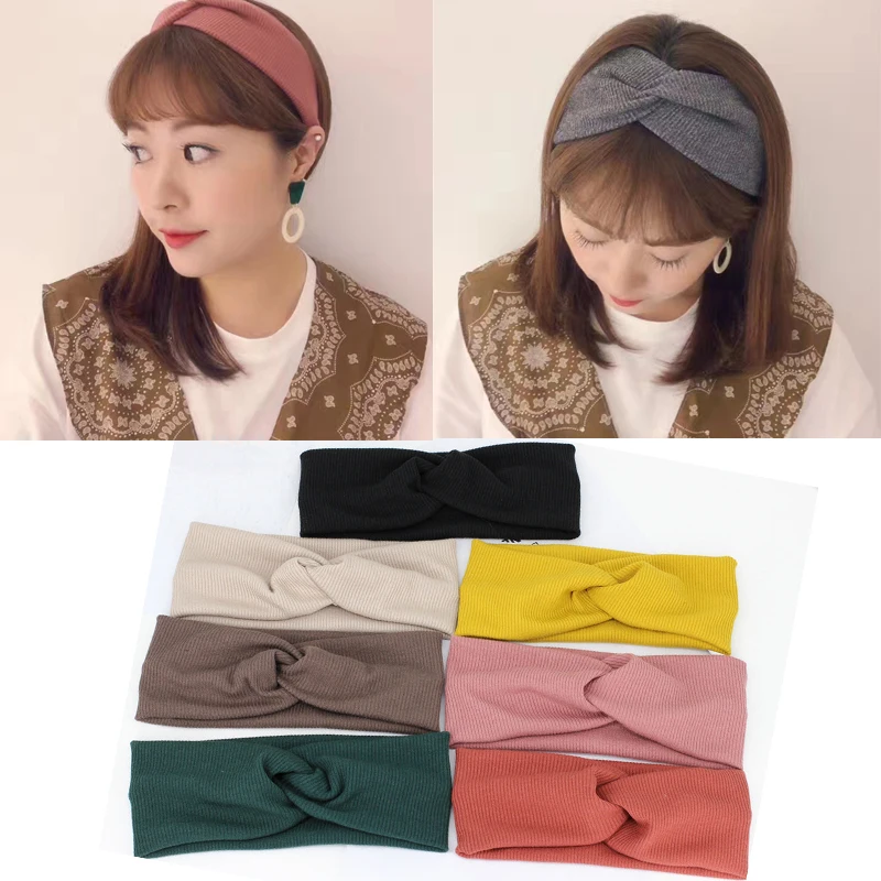 패션 여성 헤어 액세서리 솔리드 컬러 크로스 탄성 터번 머리띠 코튼 크로스 헤어 밴드 레트로 간단한 머리 장식 모자를 쓰고 있죠